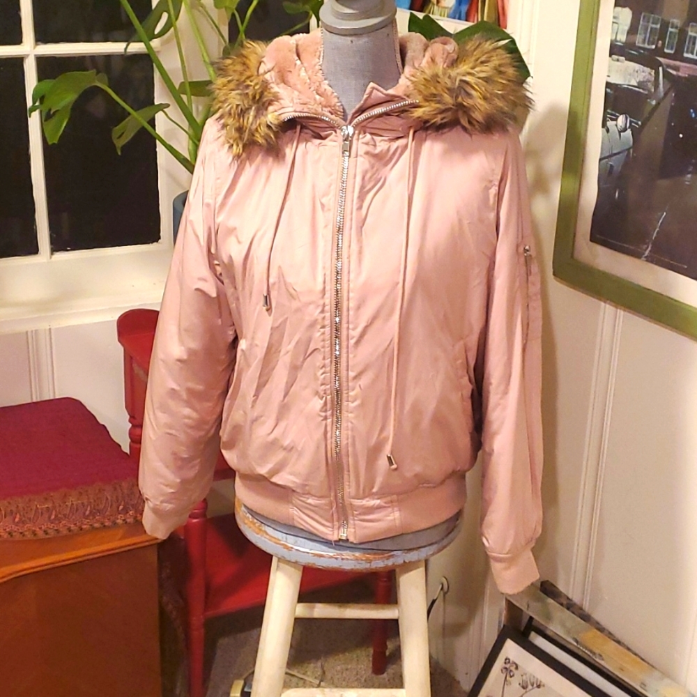 Pink Bomber Jacket With Furry Hood - Gem